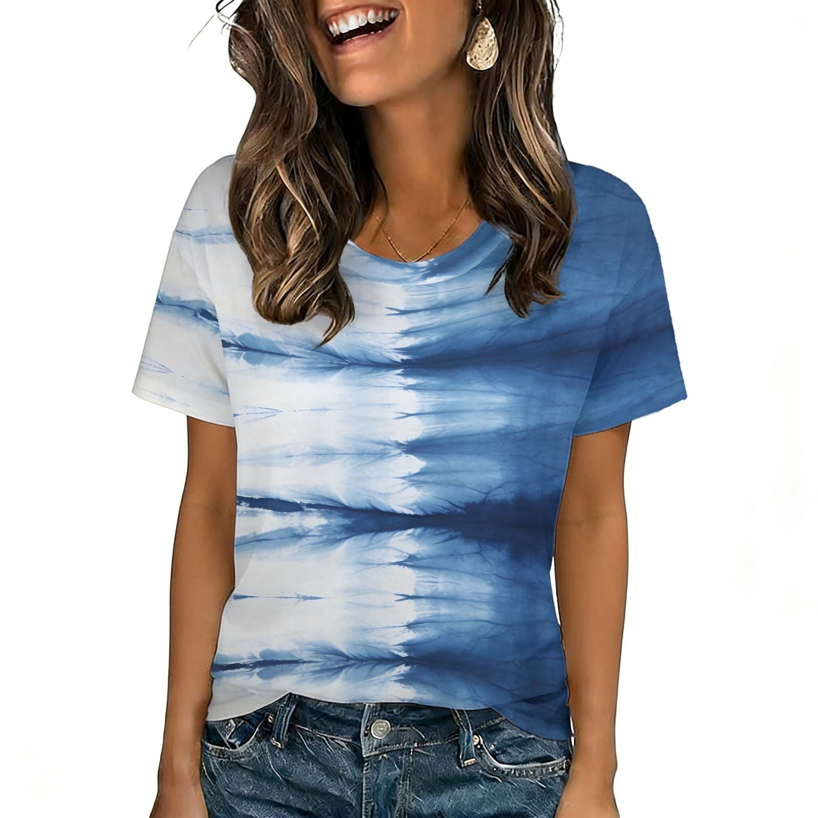 Cutuoiiu Shirts for Women Colored Prints Fashion Crewneck Short Sleeve ...