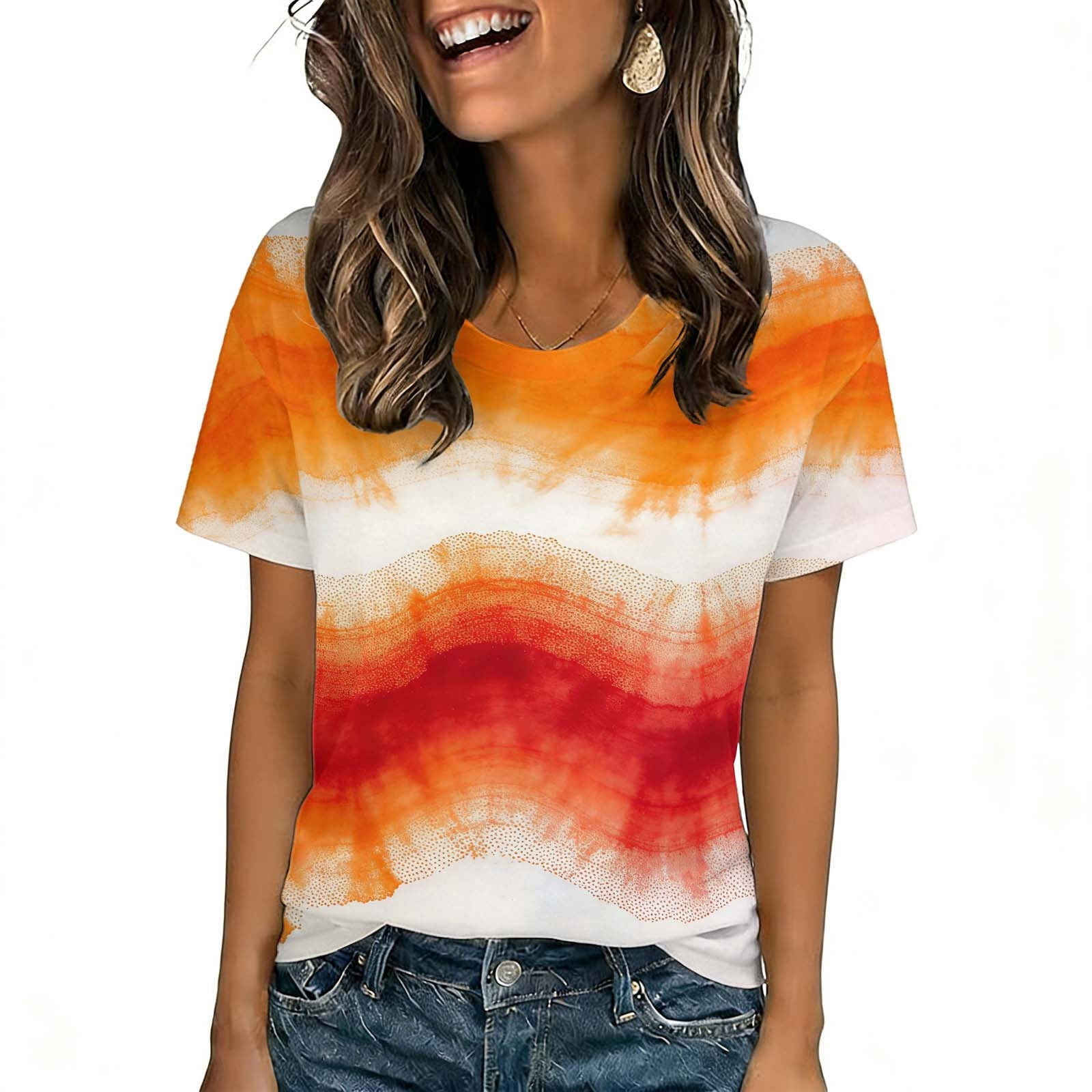 Cutuoiiu Shirts for Women Colored Prints Fashion Crewneck Short Sleeve ...