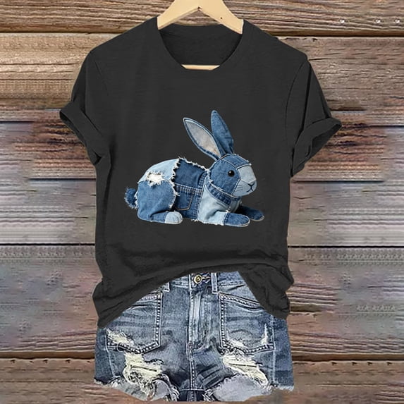 Cutuoiiu Short Sleeve Women's Tops Crew Neck Cute Denim Patchwork Funny ...