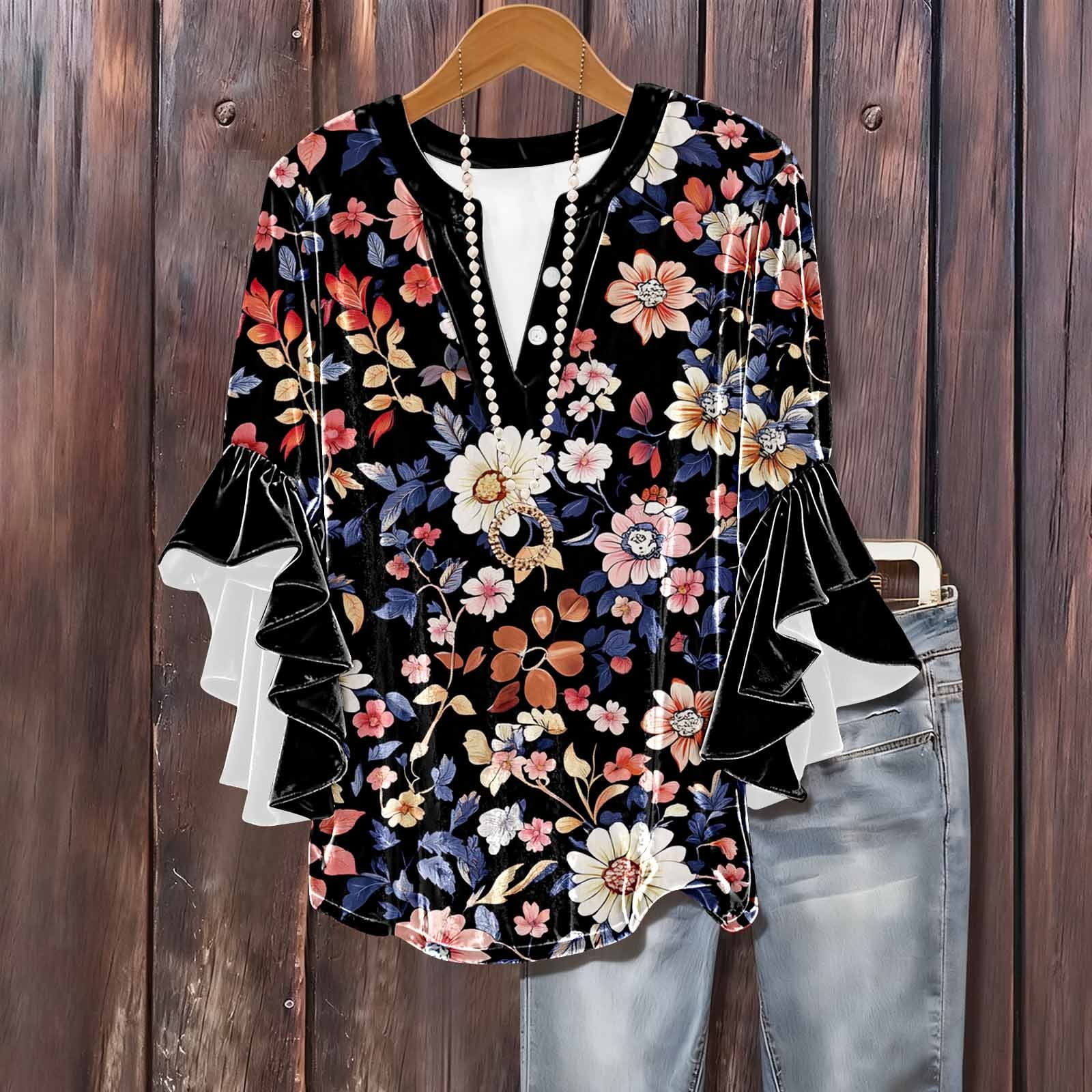 Cutuoiiu T Shirt for Women Casual Button V Neck Vintage Prints Flutter ...