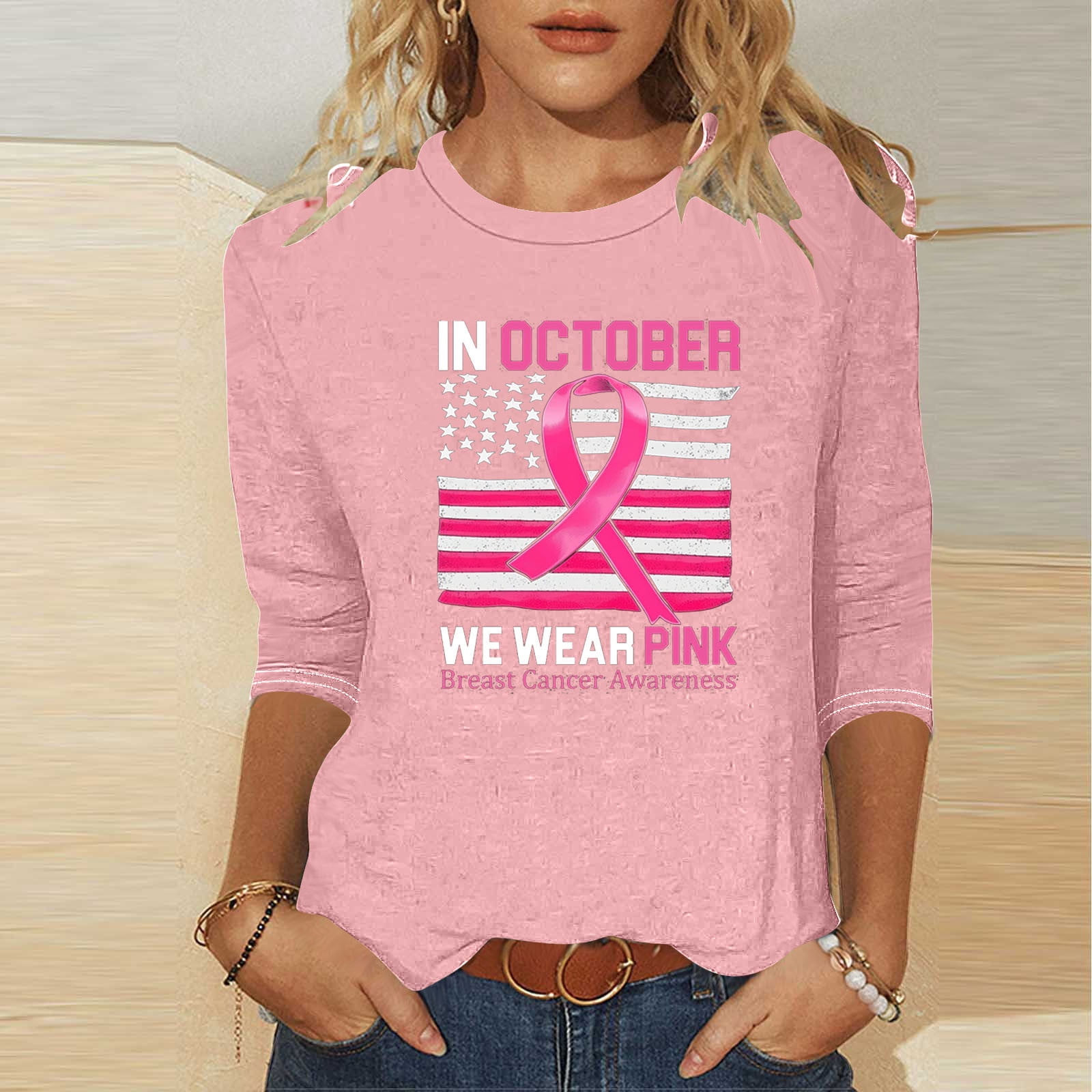 Cutuoiiu Women's Breast Cancer Awareness T-Shirts Casual 3/4 Sleeve ...