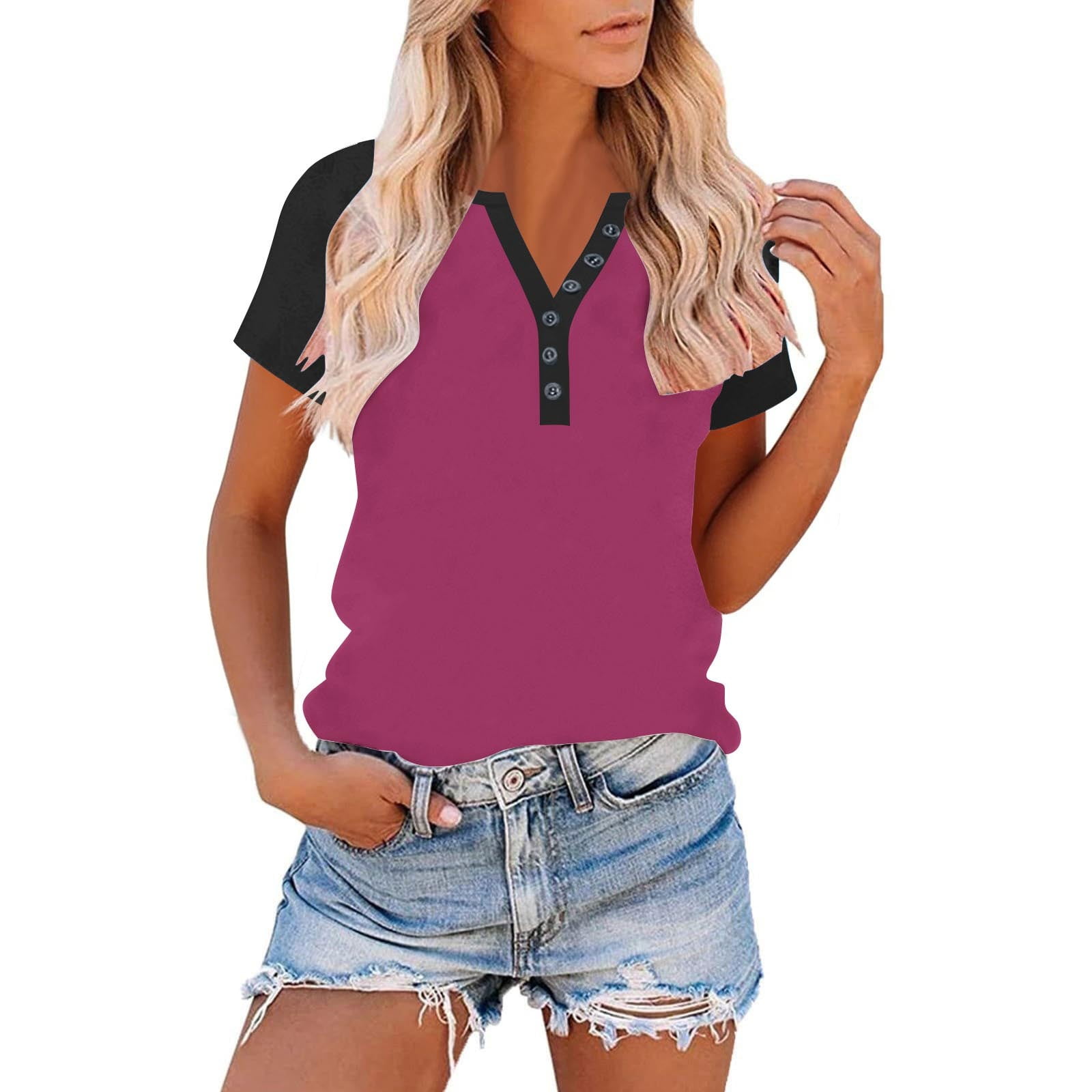 Cutuoiiu Women's Button V-neck Solid Color Short Sleeve Loose Casual T ...