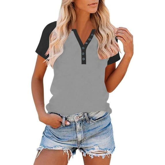 Cutuoiiu Women's Button V-neck Solid Color Short Sleeve Loose Casual T ...