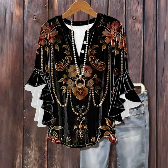 Cutuoiiu Women's Casual Button V Neck Shirts Vintage Flutter 3/4 Sleeve ...