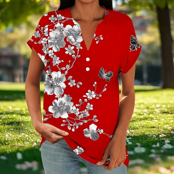 Cutuoiiu Women's Casual Button V-Neck Short Sleeve Fashion Prints Cozy ...
