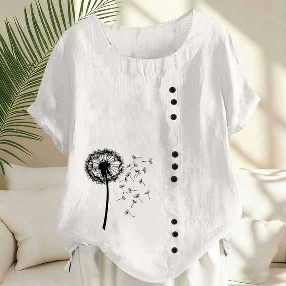 Cutuoiiu Women's Casual Loose Round Neck Short Sleeve Decorative Button ...