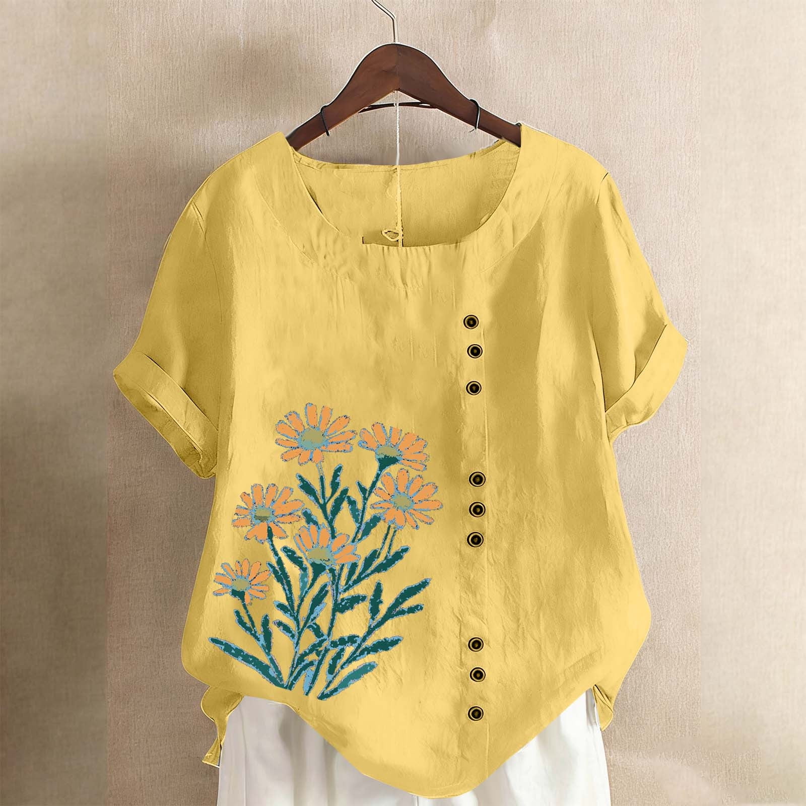Cutuoiiu Women's Casual Loose Round Neck Short Sleeve Decorative Button ...
