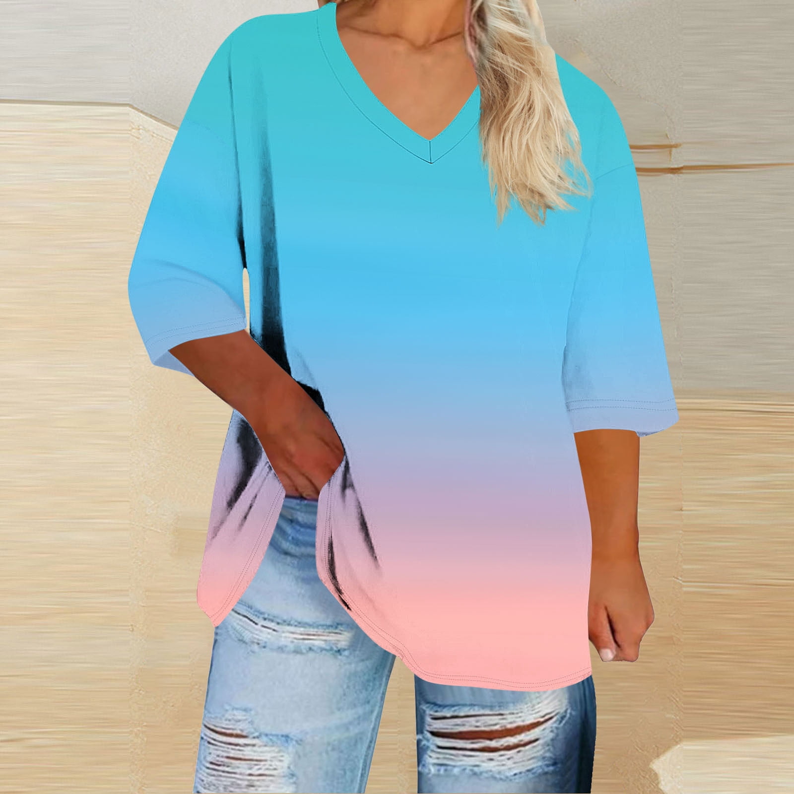 Cutuoiiu Women's Casual Plus Size Colorful Printed 3/4 Sleeve Loose ...