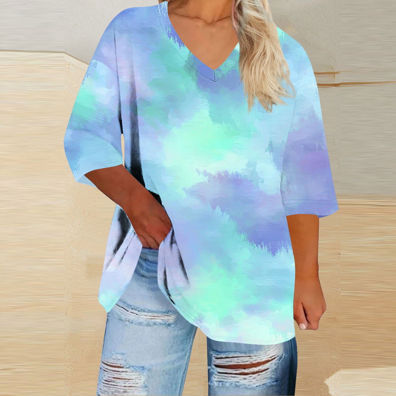 Cutuoiiu Women's Casual Plus Size Colorful Printed 3/4 Sleeve Loose ...