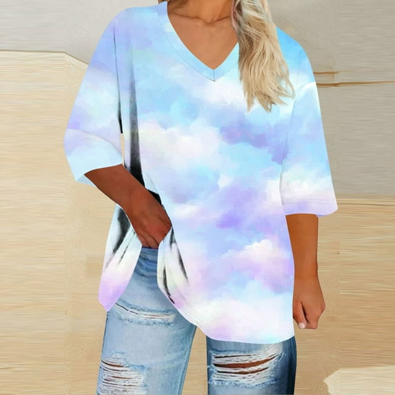 Cutuoiiu Women's Casual Plus Size Colorful Printed 3/4 Sleeve Loose ...