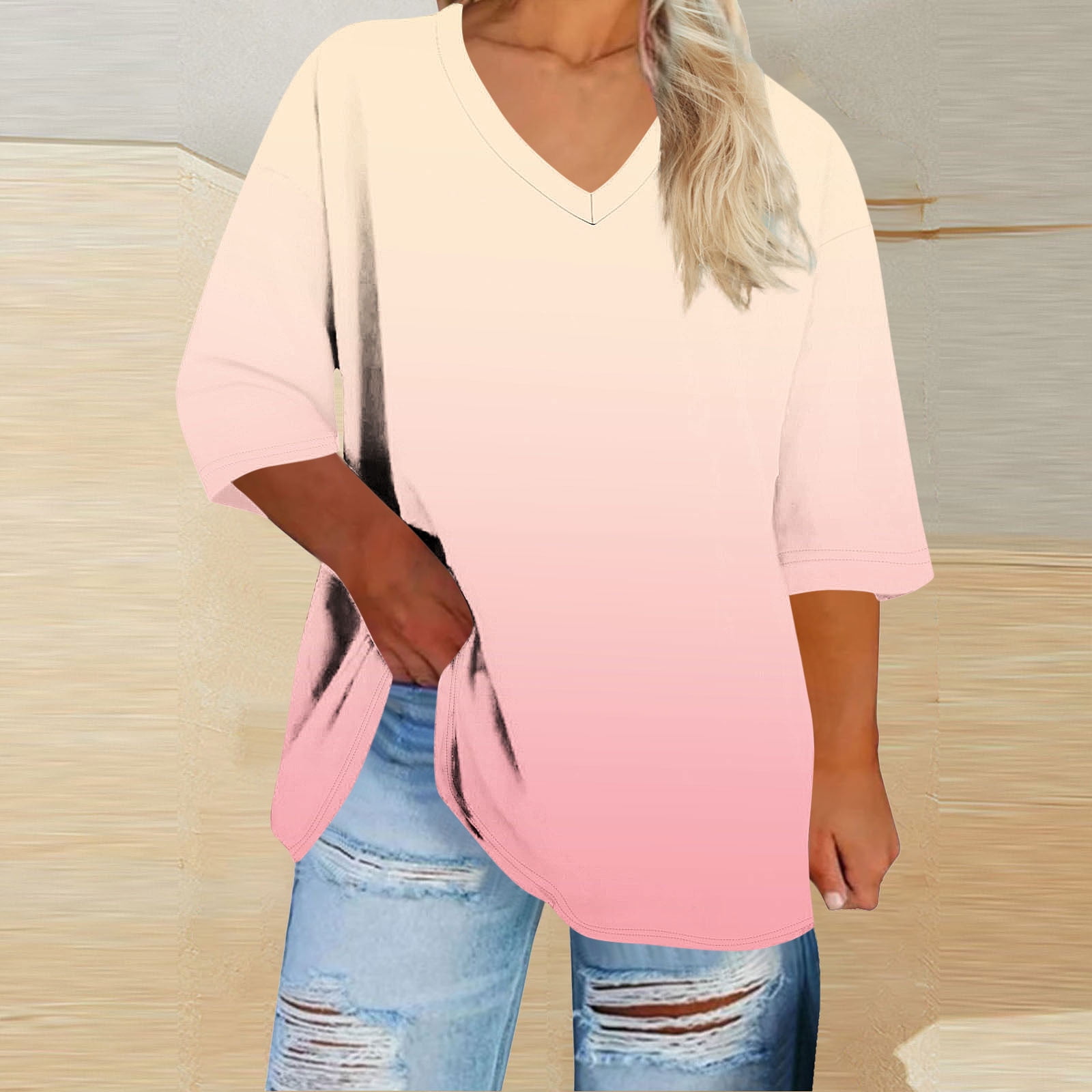 Cutuoiiu Women's Casual Plus Size Colorful Printed 3/4 Sleeve Loose ...