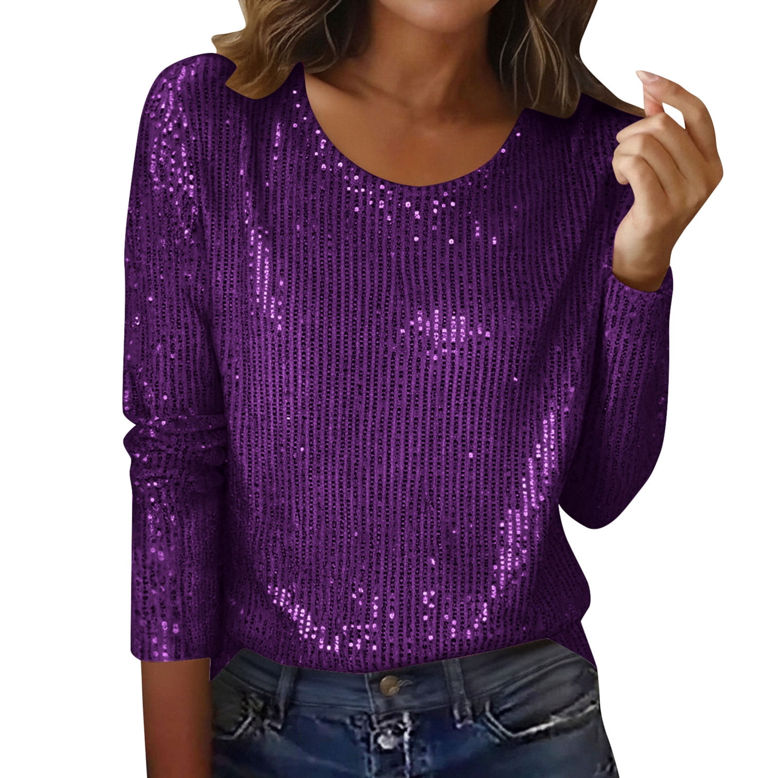 Cutuoiiu Women's Casual Sequin Prints Fashion Round-Neck Long Sleeve ...