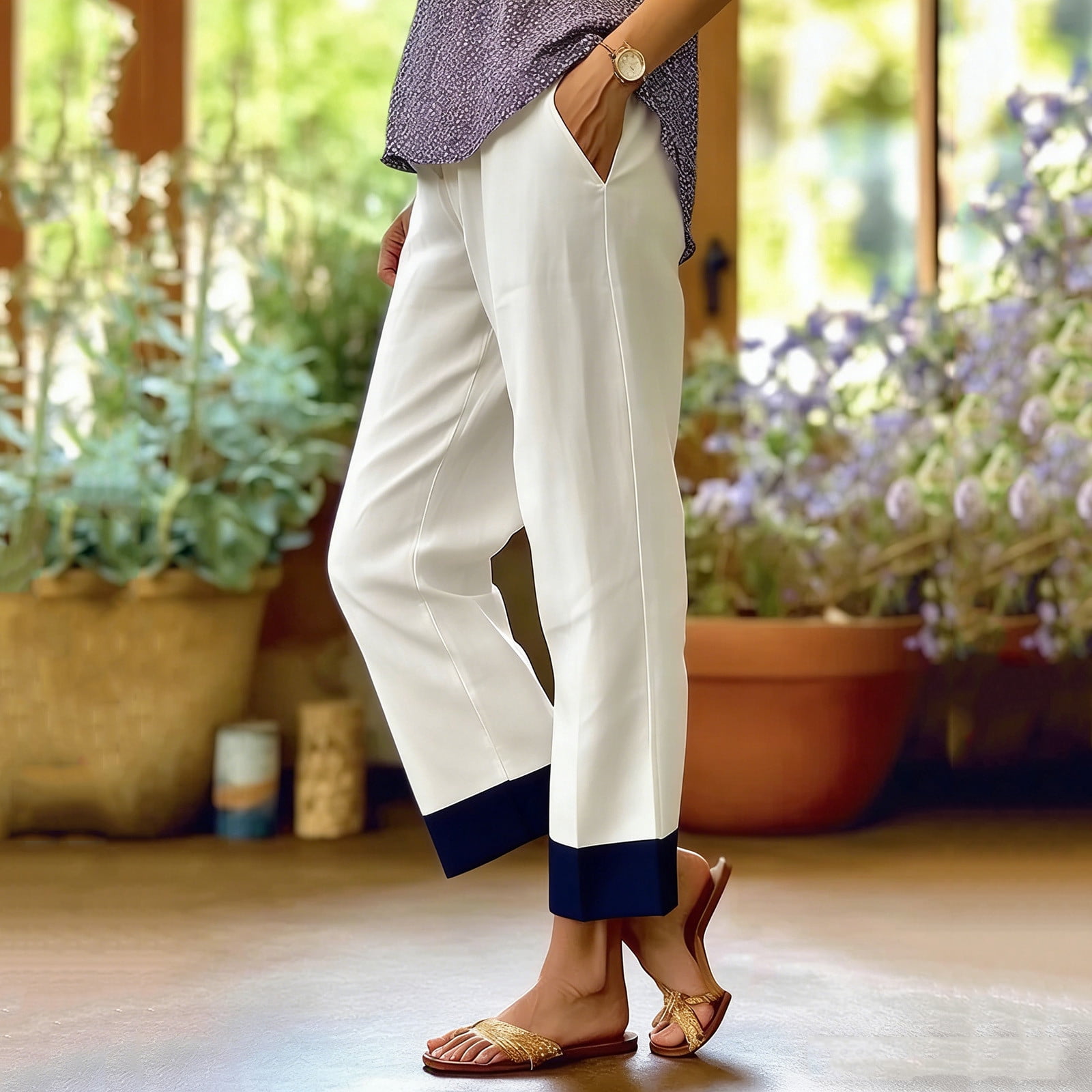 Cutuoiiu Women's Casual Straight Tube Pants, Elastic Waist Contrast Hem ...