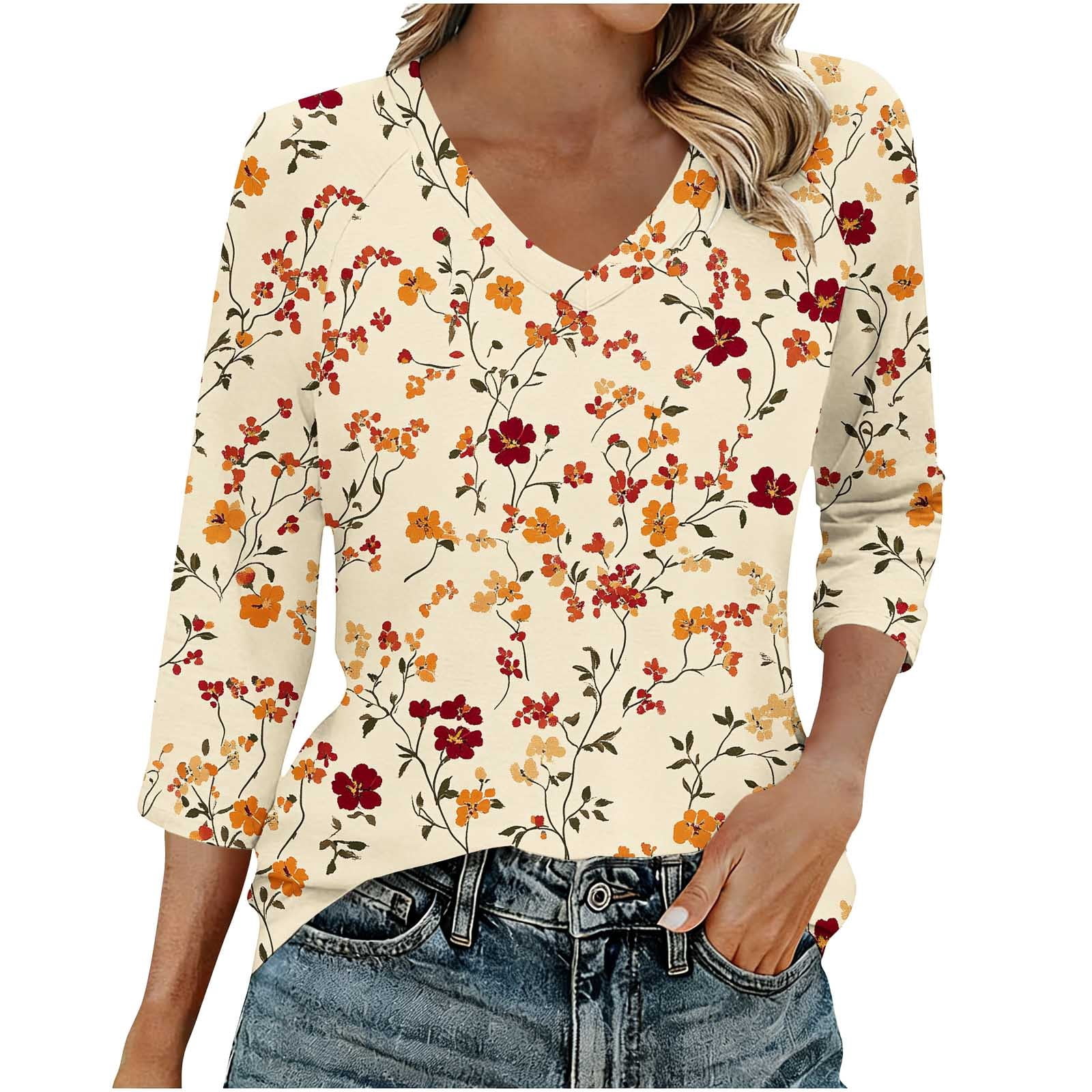 Cutuoiiu Women's Colorful Flower Printing V-neck Casual 3/4 Sleeve T ...