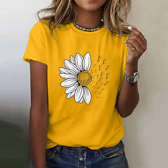 Cutuoiiu Women's Cozy Sunflower Printed T-Shirt Cute Flower Graphic Loose Crew Neck Tops Gifts ...