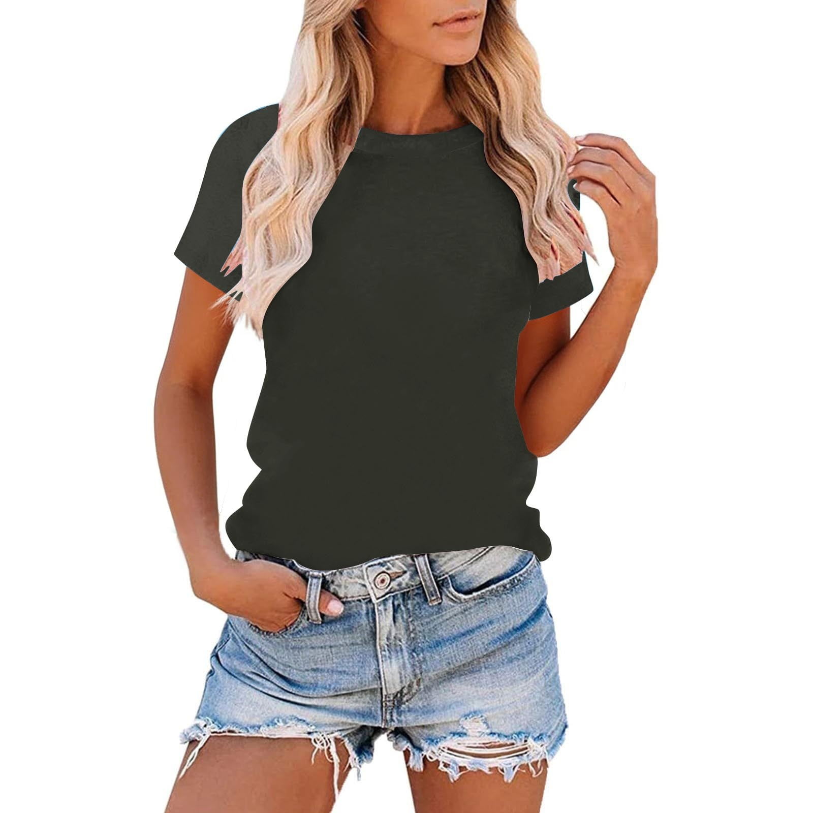 Cutuoiiu Women's Crew Neck Solid Color Short Sleeve Loose Cozy Tops ...