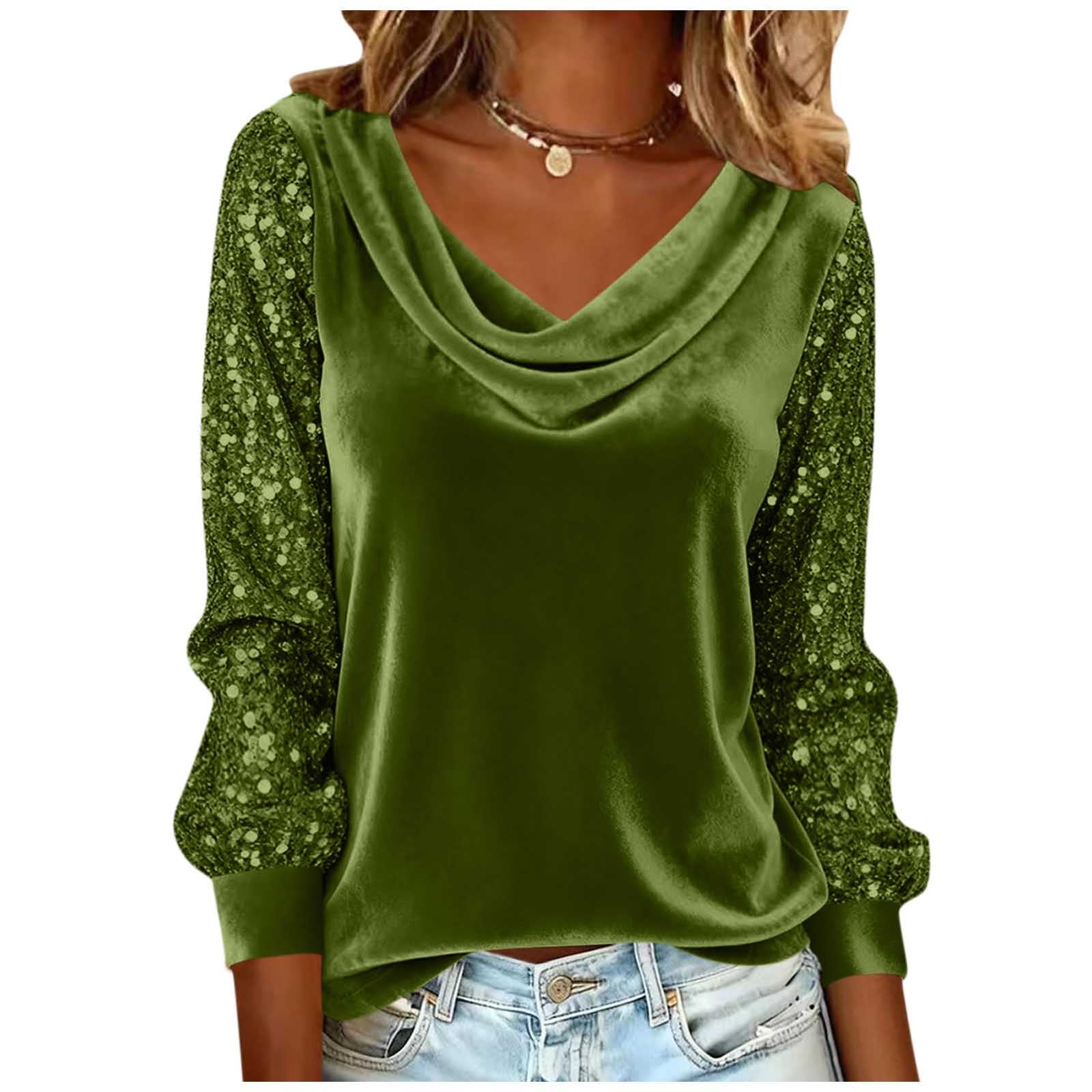 Cutuoiiu Women's Fashion Cowl Neck Sequin Luxury Patchwork Long Sleeve ...