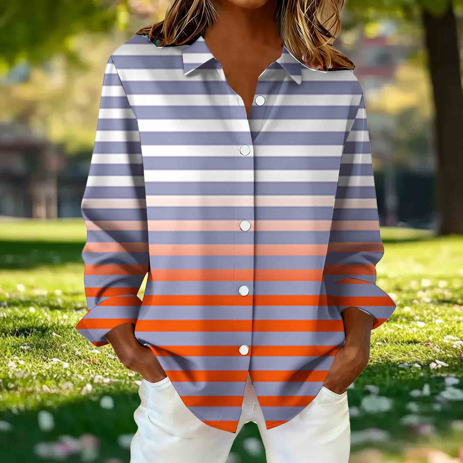 Cutuoiiu Women's Long Sleeve Button Shirts Casual Striped Business Work ...