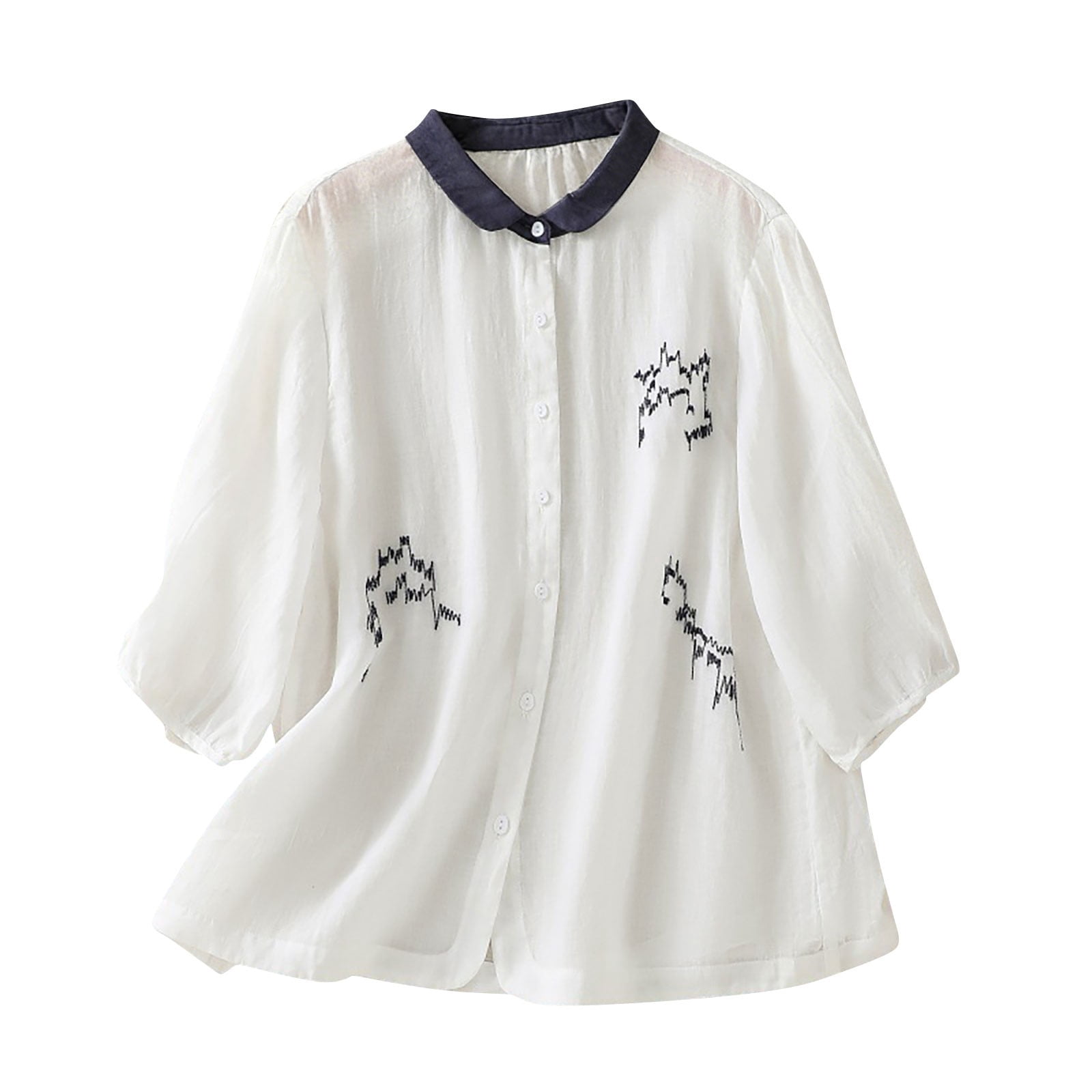 Cutuoiiu Women's Loose Flax Short-sleeved Lapel Button-down Embroidered ...