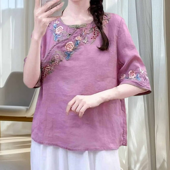 Cutuoiiu Women's Loose Retro Ethnic Style Button Round Neck 3/4 Sleeve ...