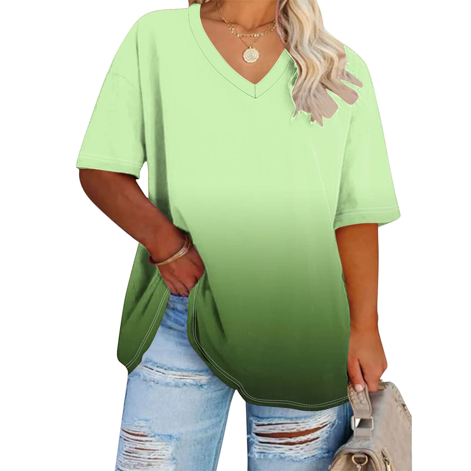 Cutuoiiu Women's Loose Short Sleeve V Neck Solid Color Oversized Tops ...