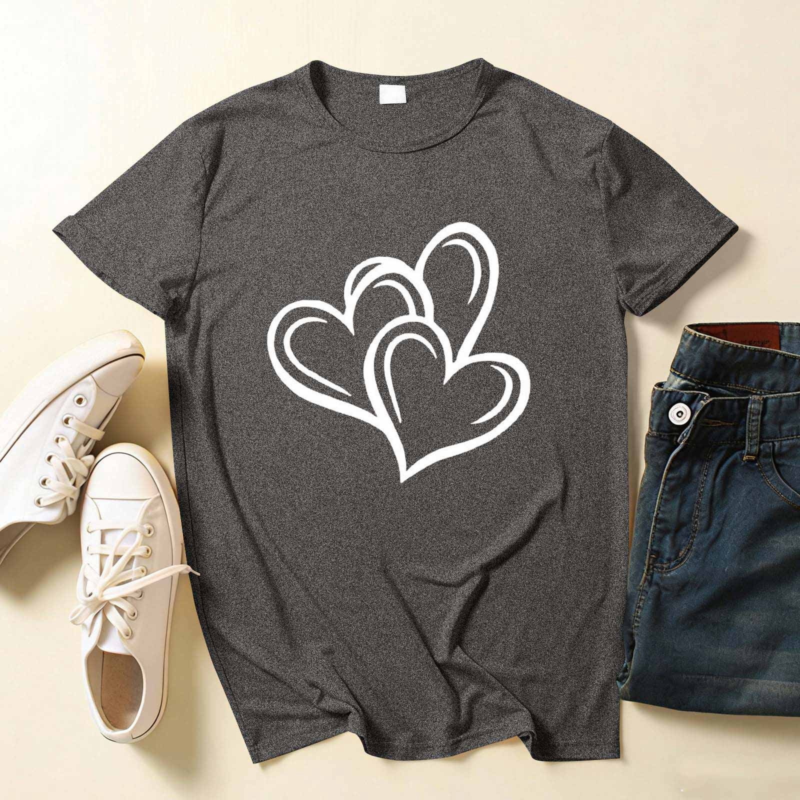 Cutuoiiu Women's Love Heart Print Casual Valentines Short Sleeve Tops ...
