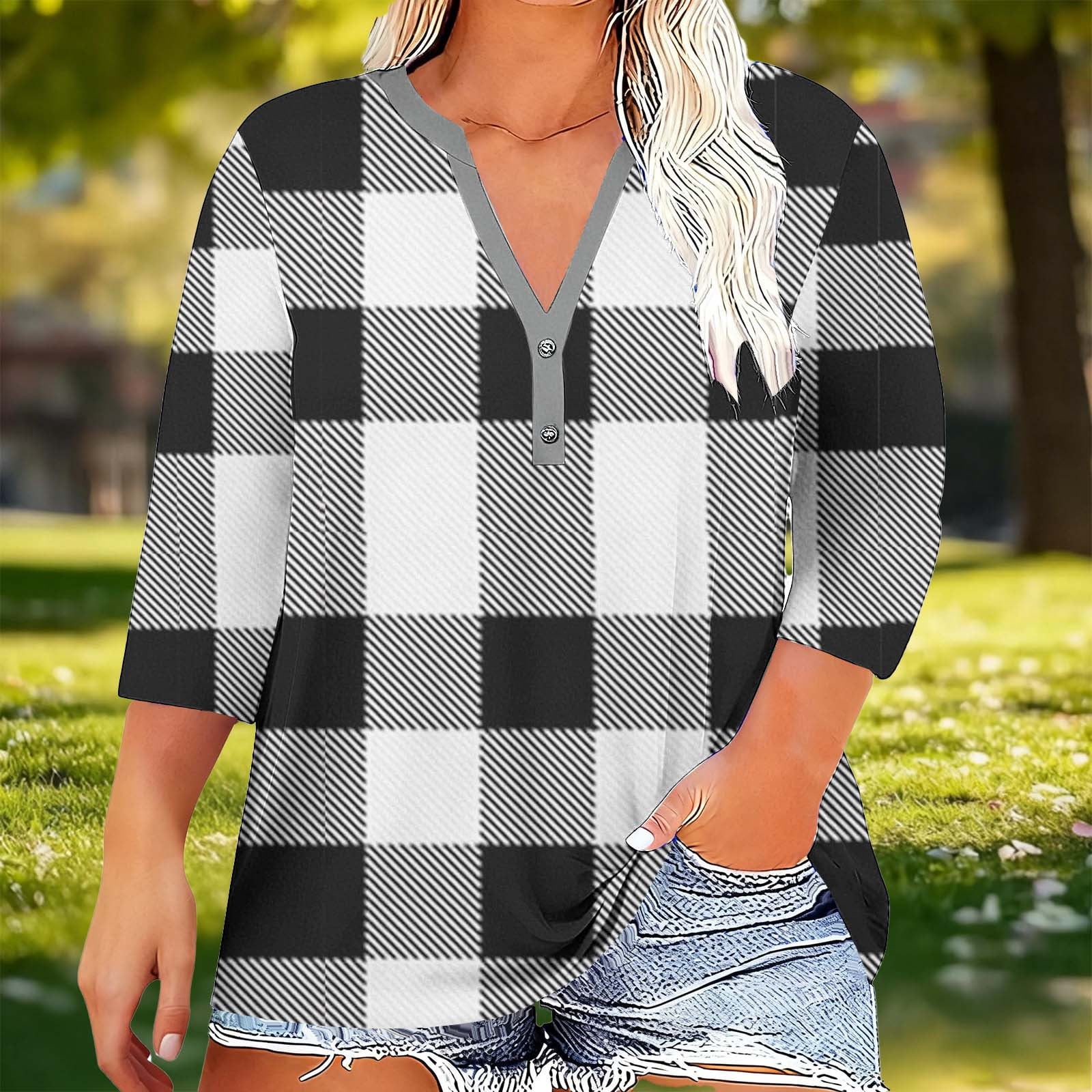 Cutuoiiu Women's Plus Size Color Block Prints 3/4 Sleeve T-shirts ...