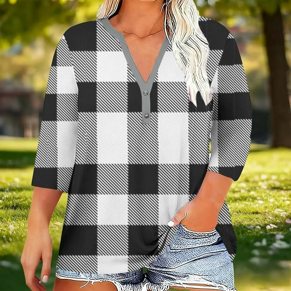 Cutuoiiu Women's Plus Size Color Block Prints 3/4 Sleeve T-shirts ...