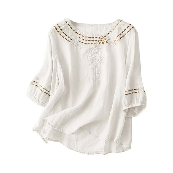 Cutuoiiu Women's Retro Prints Round Neck Short Sleeve Casual Cotton ...