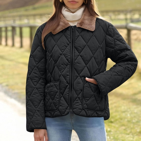 Cutuoiiu Women's Solid Color Zip-Up Stand Collar Quilted Coat with ...