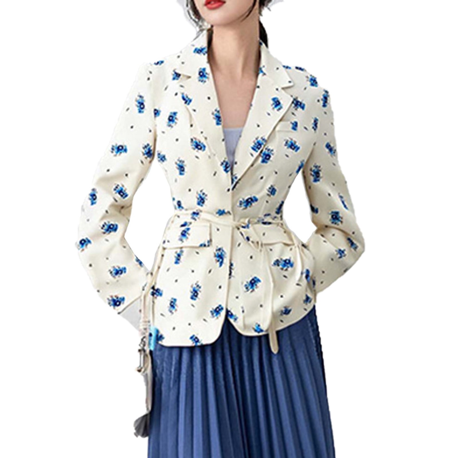Cutuoiiu Women's V-Neck Blazer with Notch Lapel and Self-Tie Belt ...