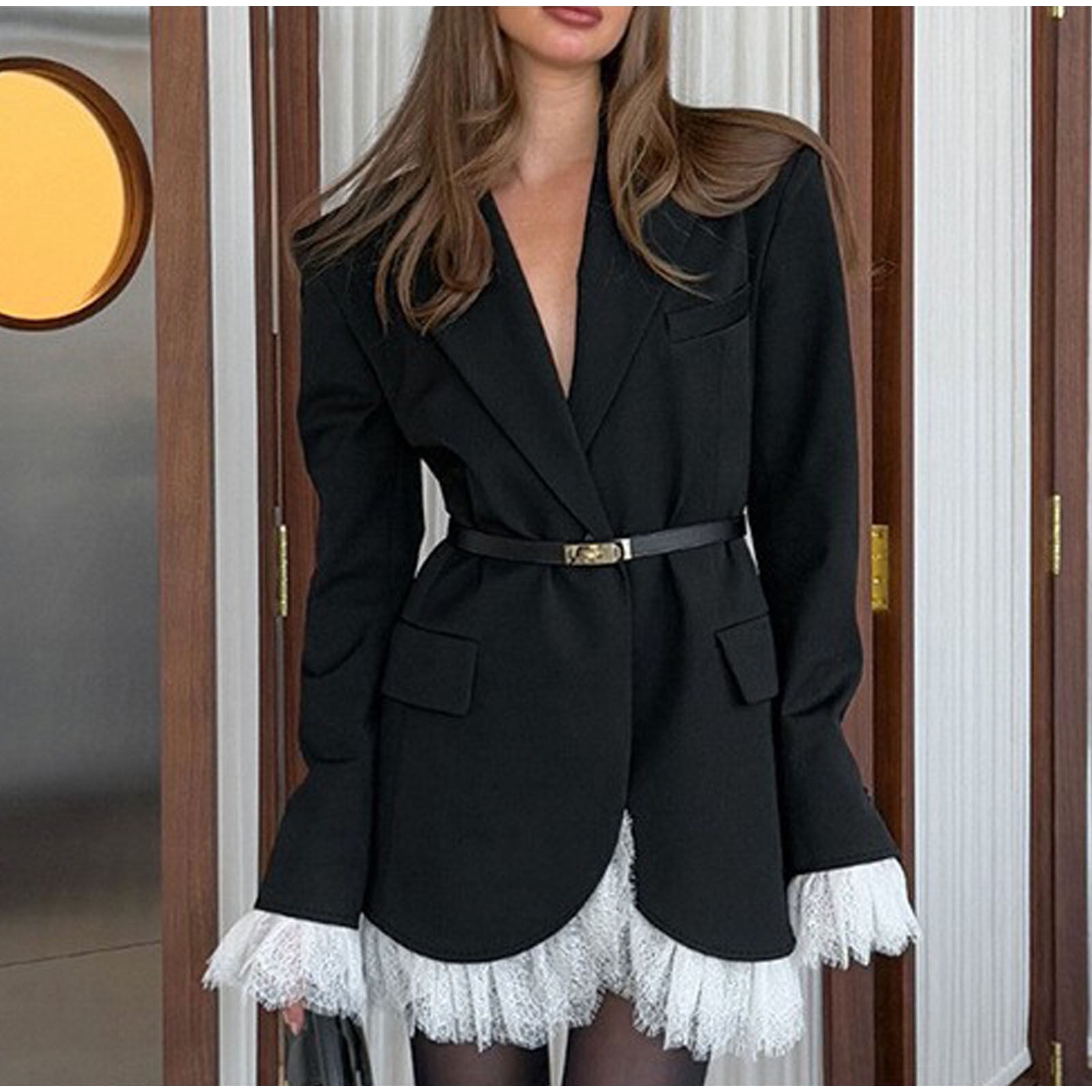 Cutuoiiu Women's V-Neck Blazer with Notch Lapel and Self-Tie Belt ...
