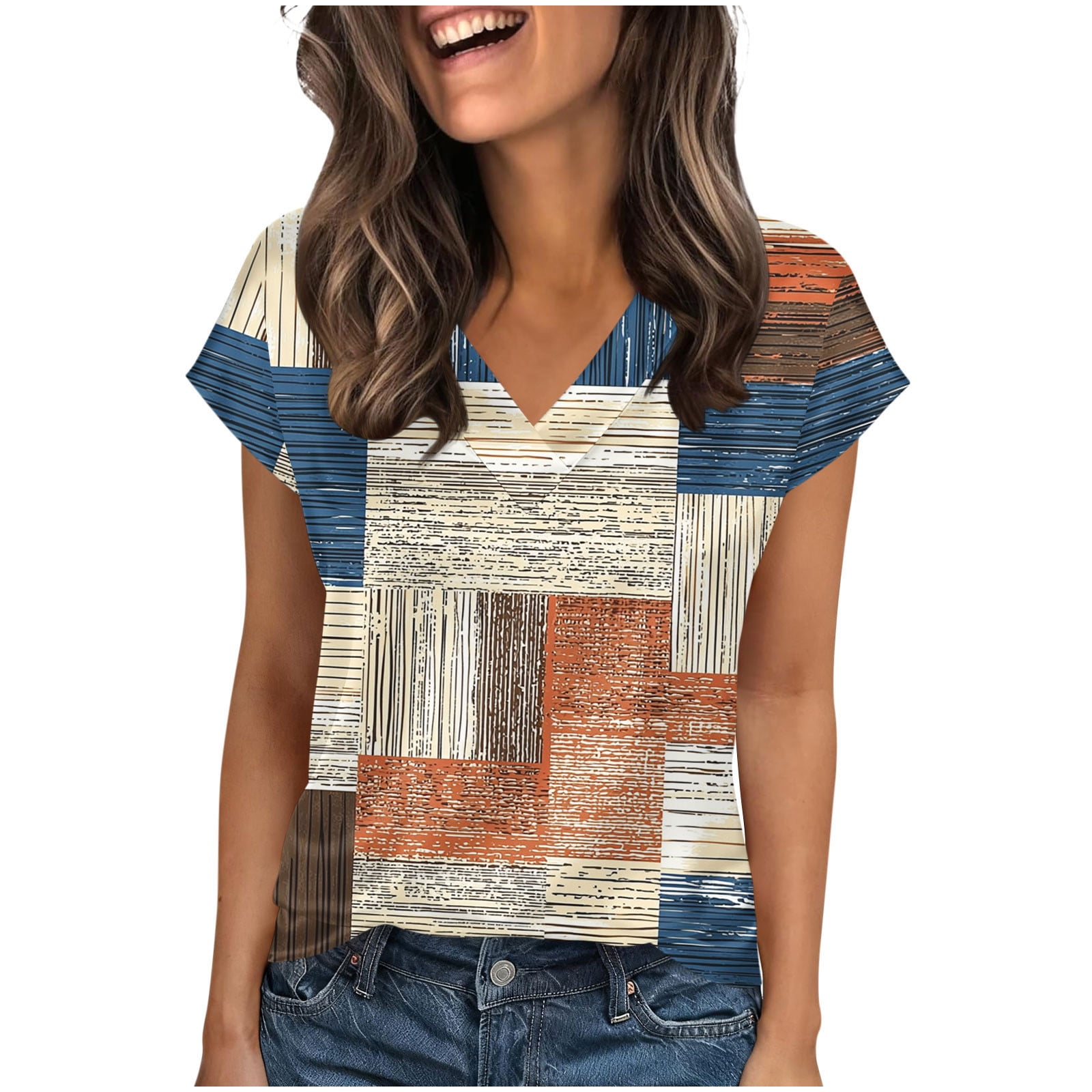 Cutuoiiu Women's V-Neck Short Sleeve Satin T-Shirts with Multicolor ...