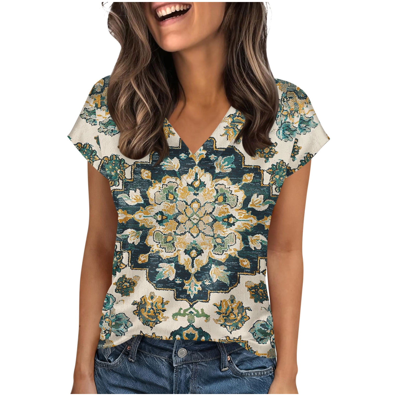 Cutuoiiu Women's V-Neck Short Sleeve Satin T-Shirts with Multicolor ...