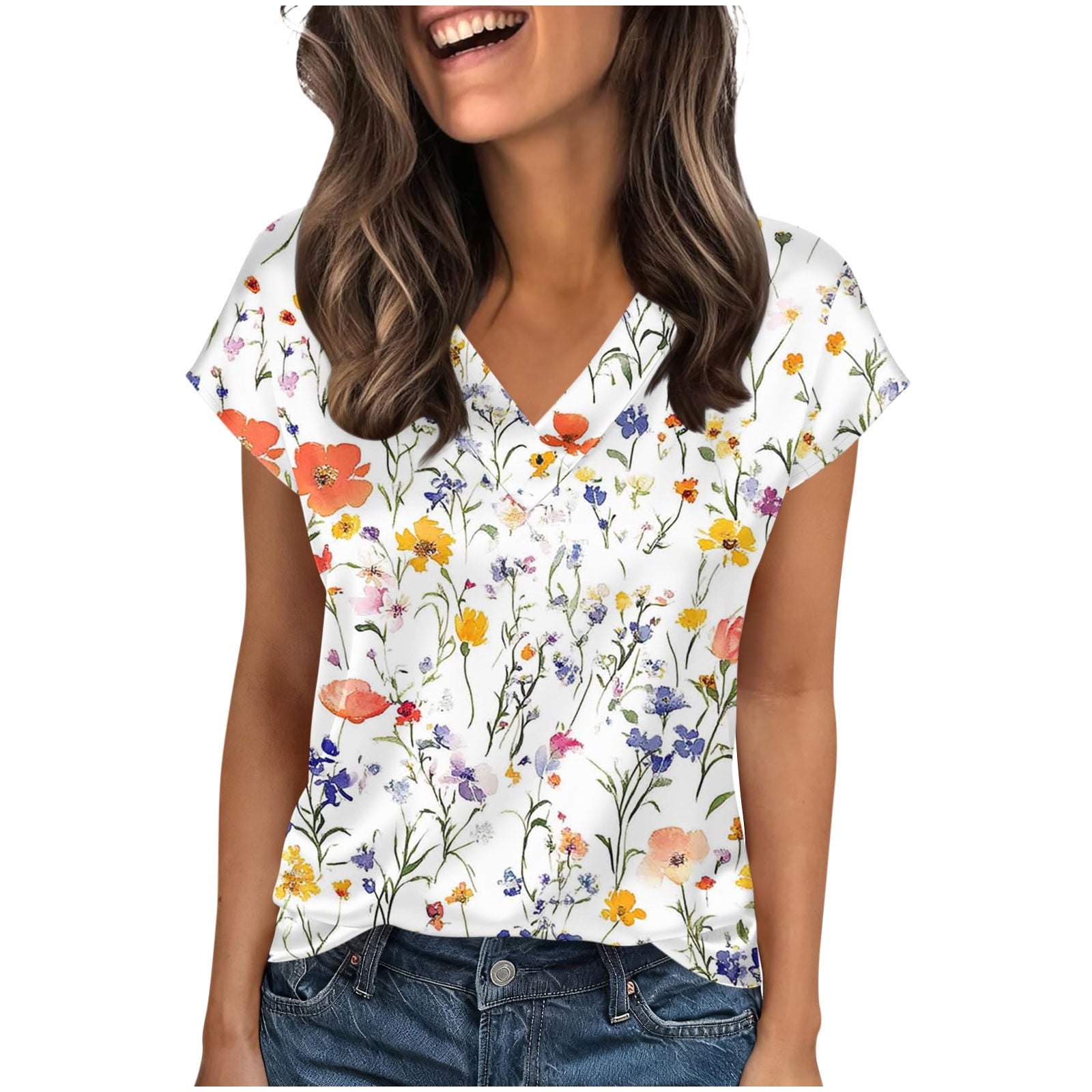 Cutuoiiu Women's V-Neck Short Sleeve Satin T-Shirts with Multicolor ...