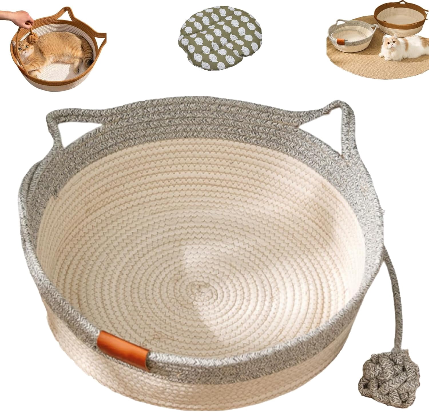 Cutypet Cat Basket, Cotton Rope Woven Round Cat Bed Basket with Built ...