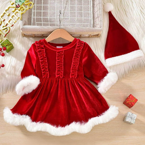 Cuzibr Fall Dress For Girls Velvet Ruffles Long Sleeve Plush Trim Fuzzy ...