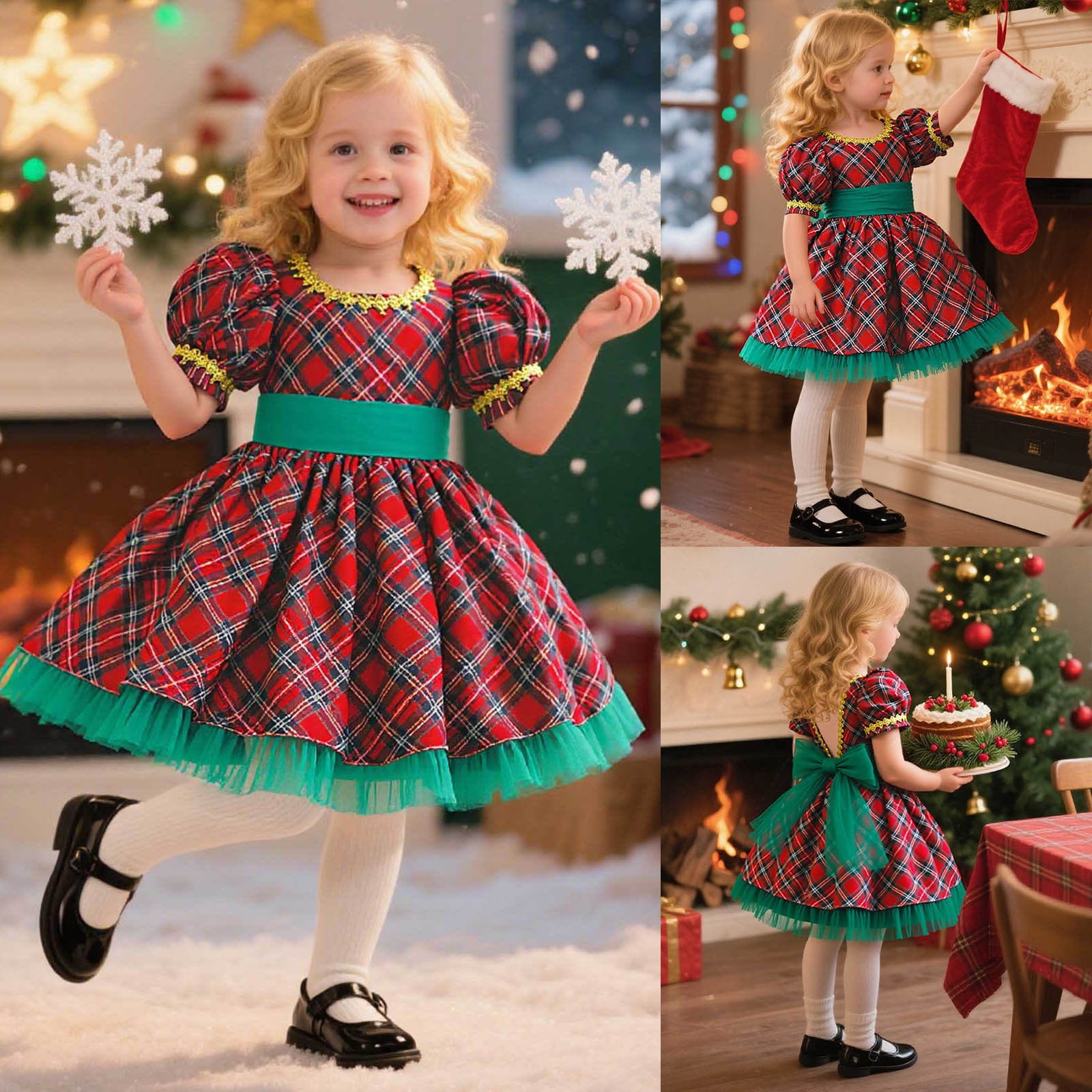 Cuzibr Girls Fall Dress Short Sleeve Plaid Lace Trim Puff Sleeve ...