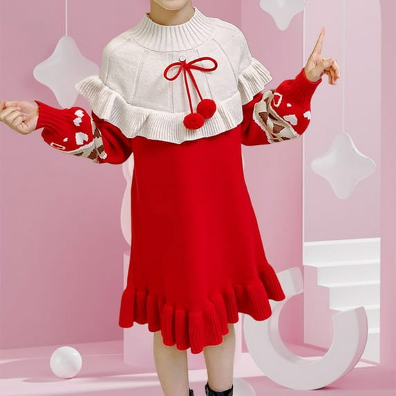 Cuzibr Toddler Christmas Dress Color Block Knitted Sweater Dress Long ...