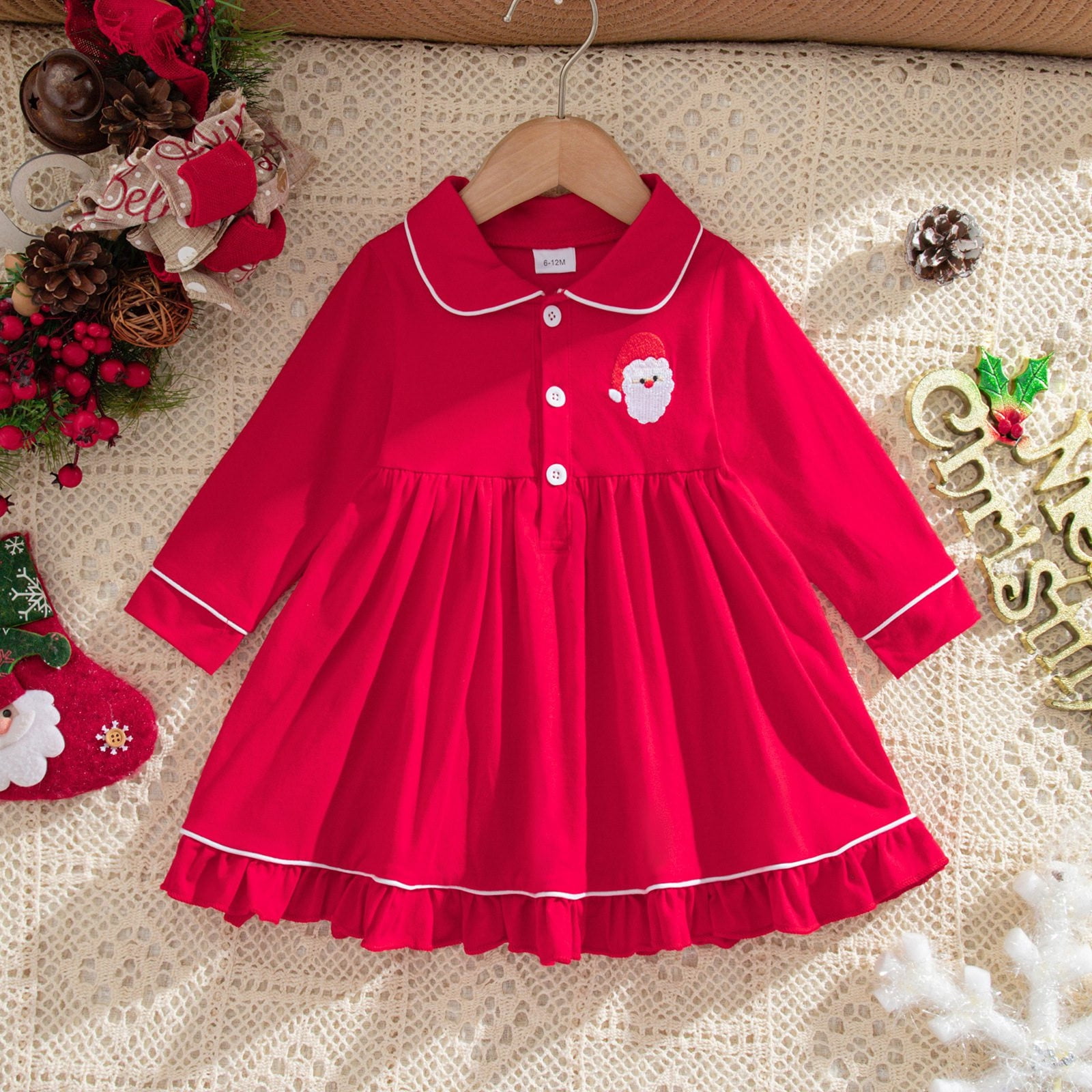 Cuzibr Toddler Christmas Dress Long Sleeve Santa Embroidery Button ...