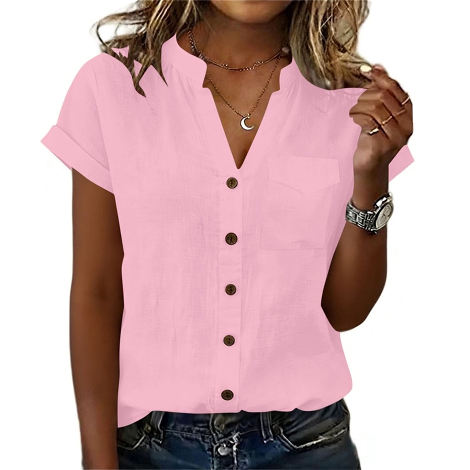 Cxenplz Button Down Short Sleeve Shirts for Women V Neck Loose Roll Up ...