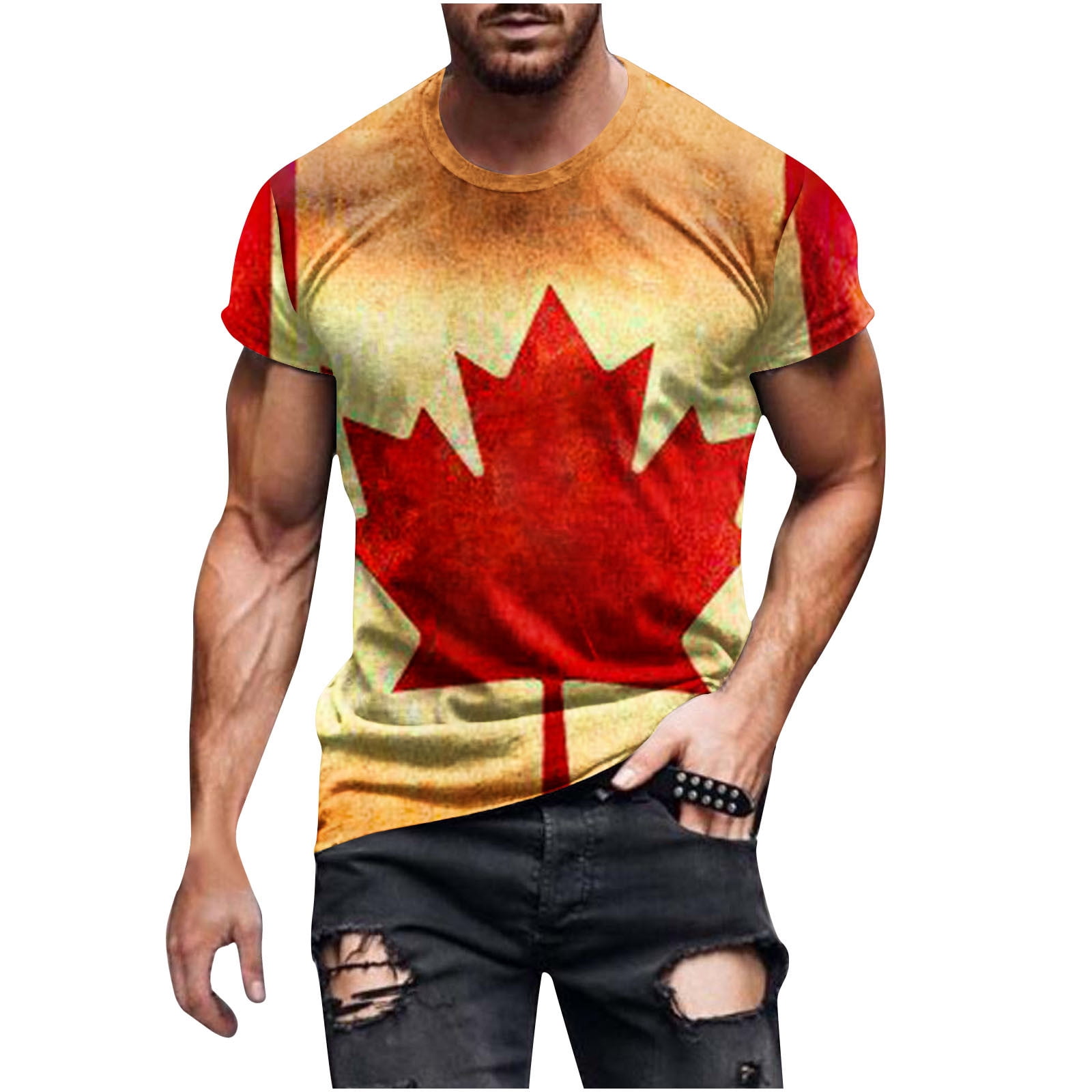 Cxenplz Mens Hip Hop Tee Casual Round Neck Maple Leaf Print Pullover ...