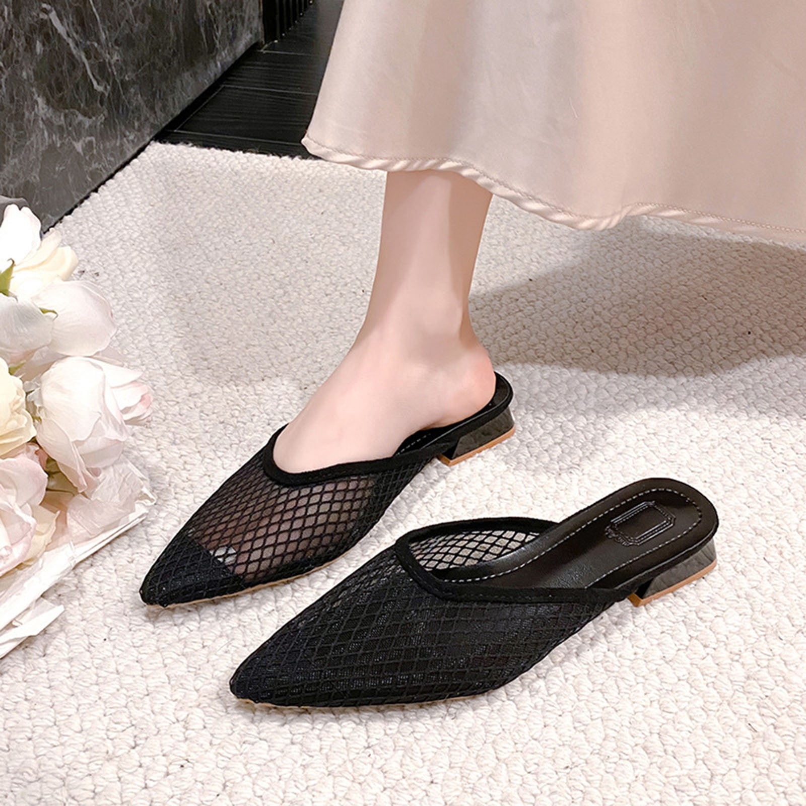 Cxenplz Mesh Mules for Women Close Pointed Toe Kitten Heels Slip on ...