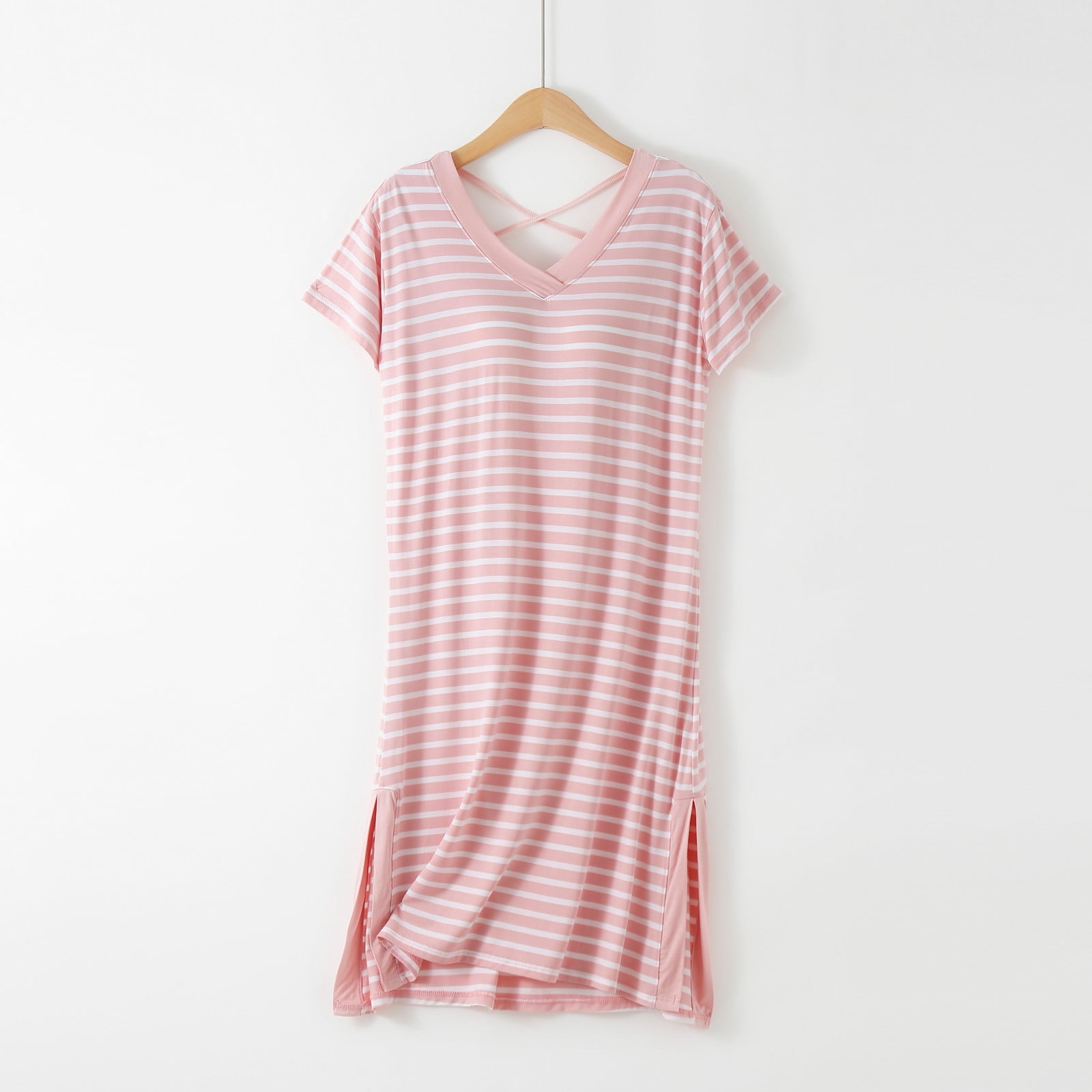 Cxenplz Nightgowns for Women Short Sleeves Sleep Shirt Stripes Crew ...