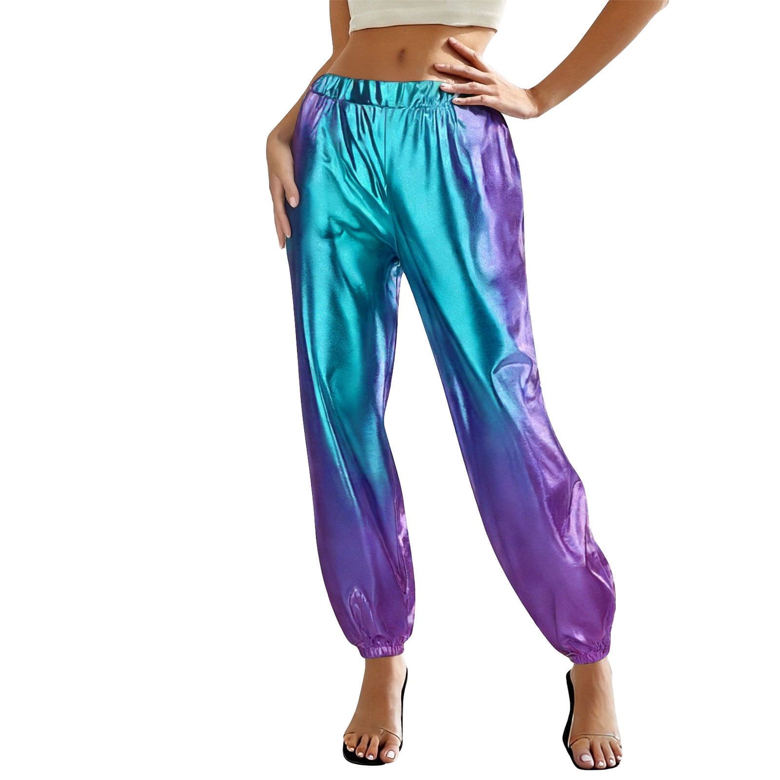 Cxenplz Shiny Metallic Pants for Women High Waist Shiny Jogger 70s ...
