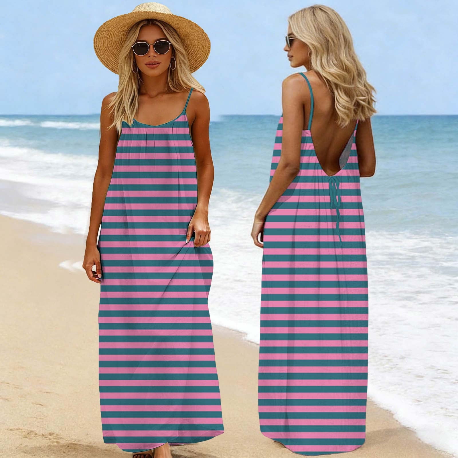 Cxenplz Women's Striped Spaghetti Strap Maxi Dresses Casual Backless ...