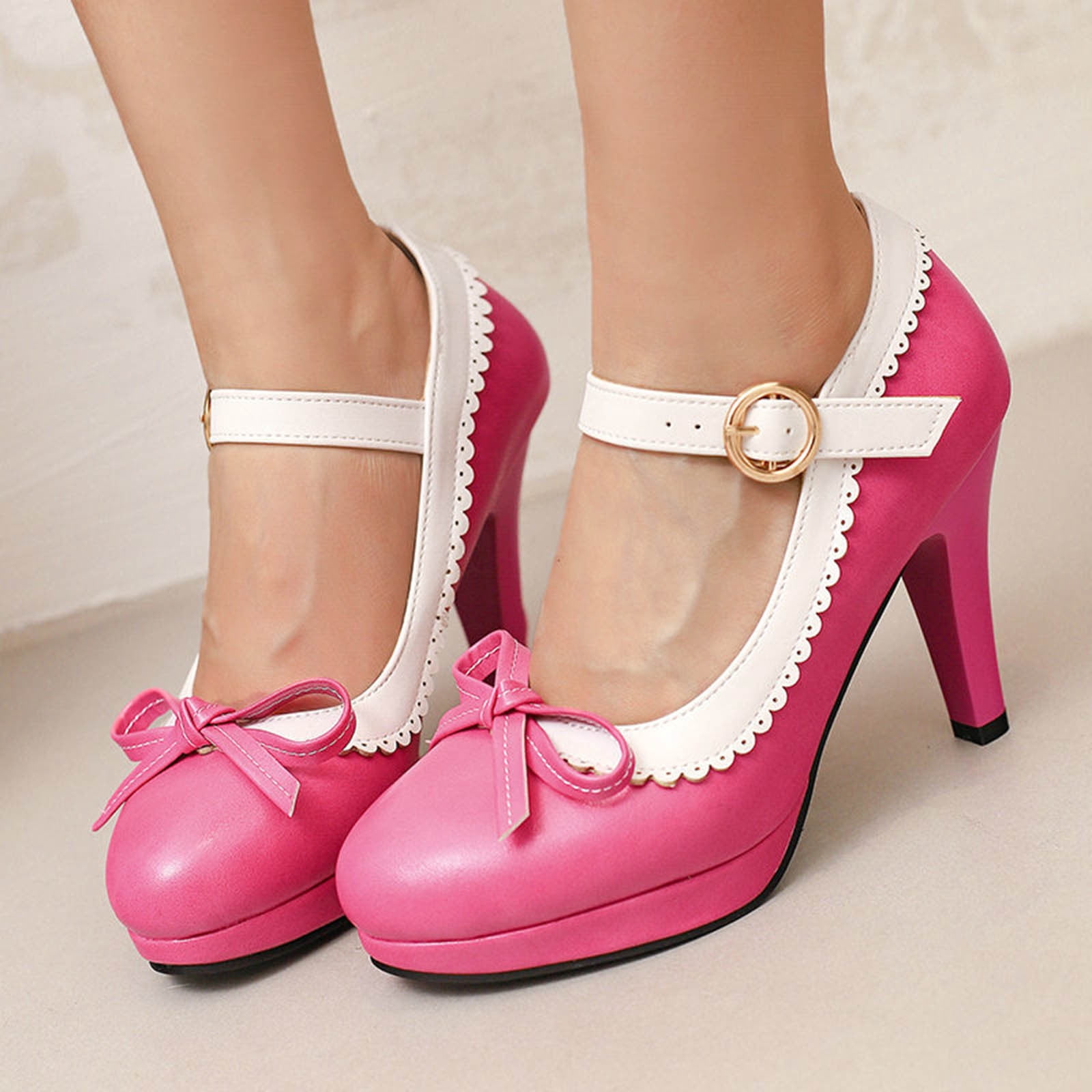 Cxenplz Women's Vintage Color Block Stilettos Lace Trim Bowknot Low ...
