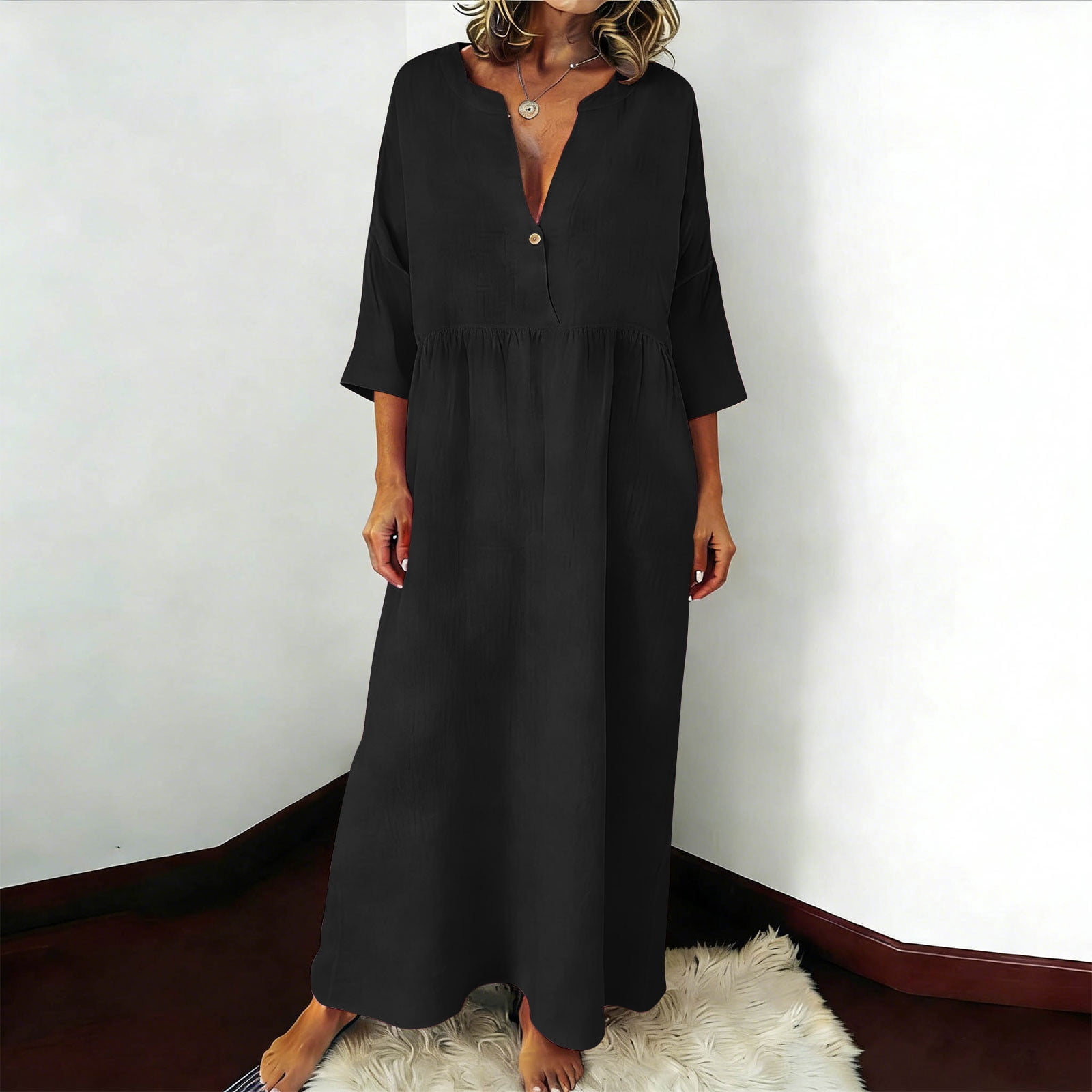Cxenplz Womens Flowy Maxi Dress Summer Cotton Linen 3/4 Sleeve V Neck ...