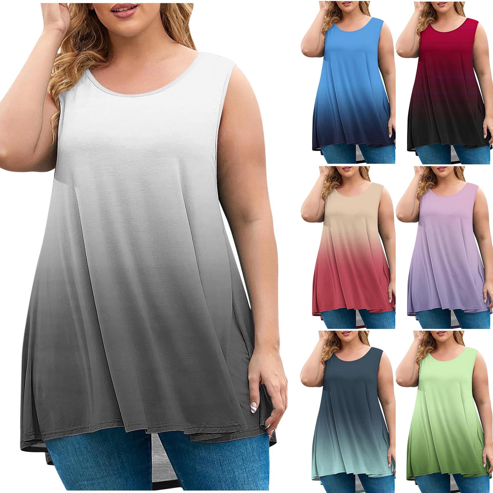 Cxenplz Womens Tank Tops Plus Size Gradient Color Short Sleeve Tops ...