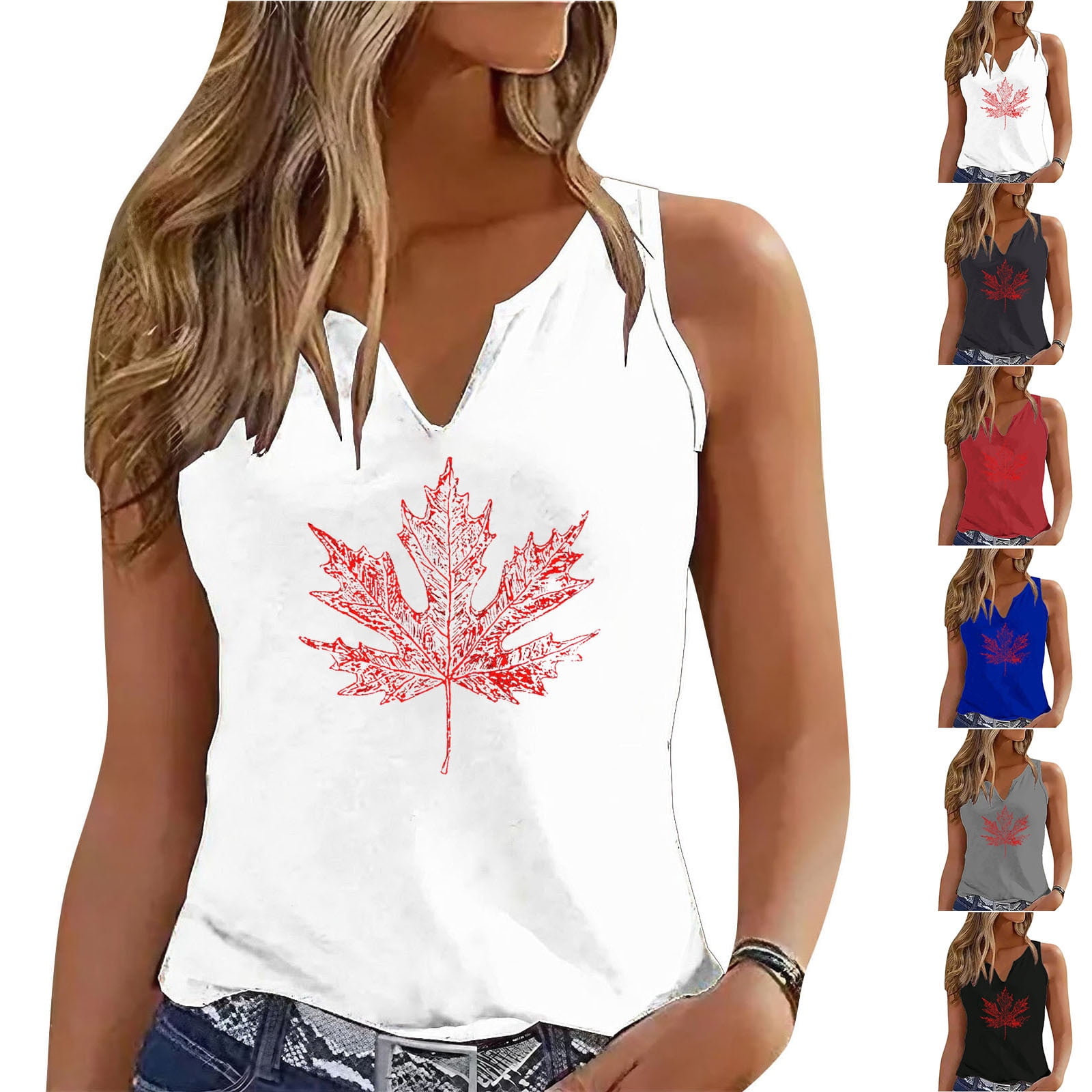 Cxenplz Womens Tank Tops V-Neck Sleeveless Canada Day Maple Leaf Print ...